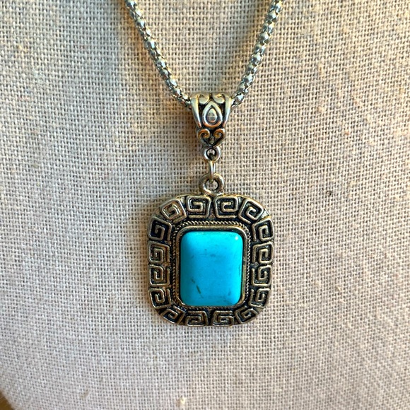 Jewelry | Greek Key Faux Turquoise Stone Pendant On Adjustable Silver ...